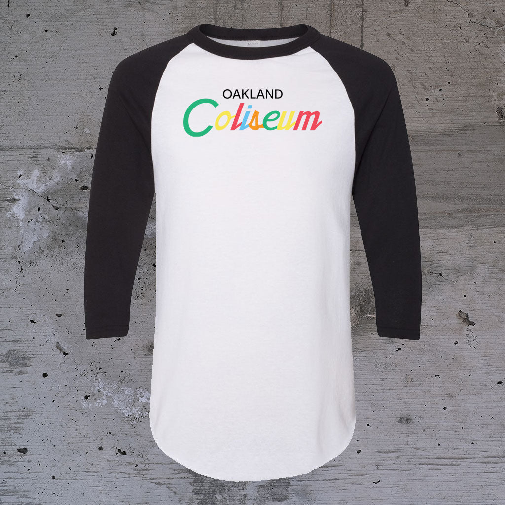 Oakland Coliseum Classic Font Rainbow Edition Raglan – Last Dive Bar